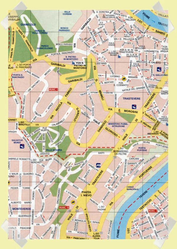 Mapa Trastevere Janículo con calles y monumentos - Guía En Roma